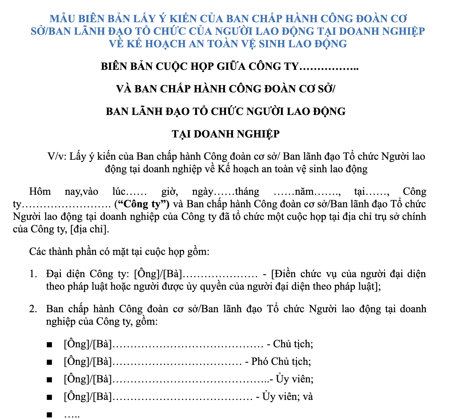 Mẫu biên bản lấy ý kiến của ban chấp hành công đoàn cơ sở/ban lãnh đạo ...